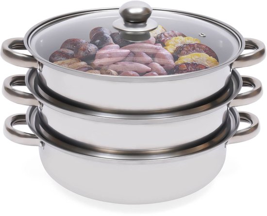 3 Laags Stoomkoker Met Glazen Deksel 28cm Food Steamer Stoompot ...