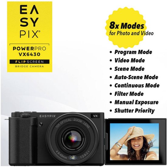 Easypix VX6430 Digitale camera 64 Mpix Zoom optisch: 10 x Zwart 4K ...