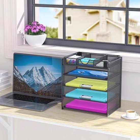 Bureau File Organizer met Schuiflade en 4 Tier Mesh Planken - Zwart | bol