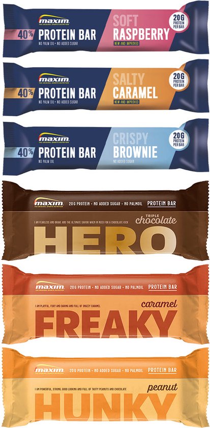 Maxim Protein Bar Variatiepakket - 18 eiwitrepen - Mix van Hero en 40% ...