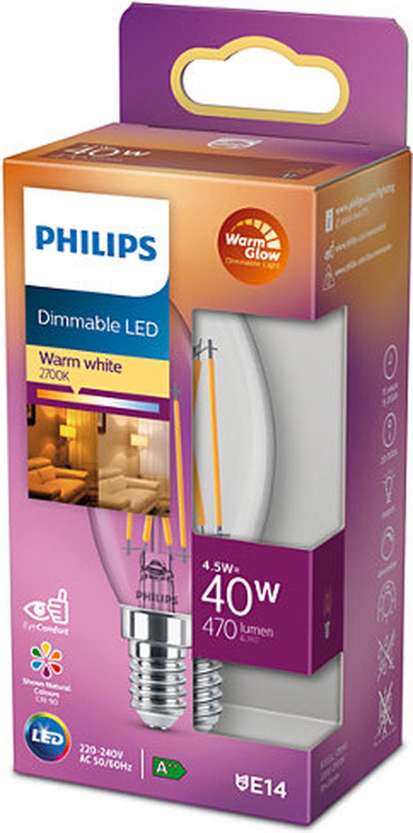 Philips LED Kaars E14 Transparant 40W Dimbaar Warm Wit Licht | bol.com