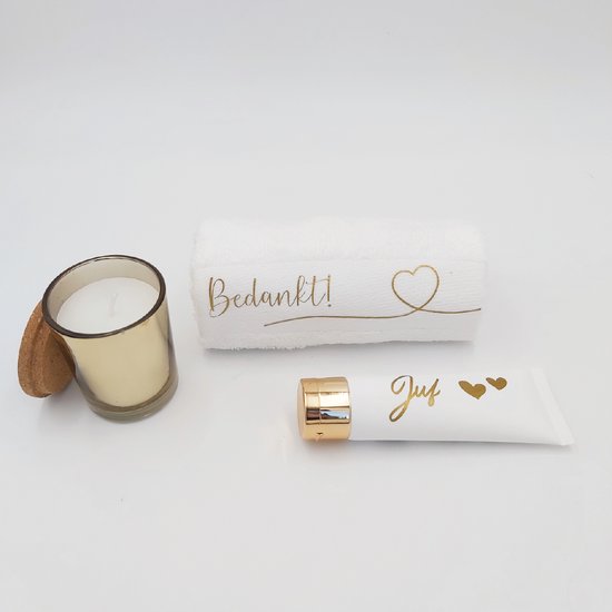 Juf cadeautje - verwensetje met gastendoekje + flesje handzeep + potje ...