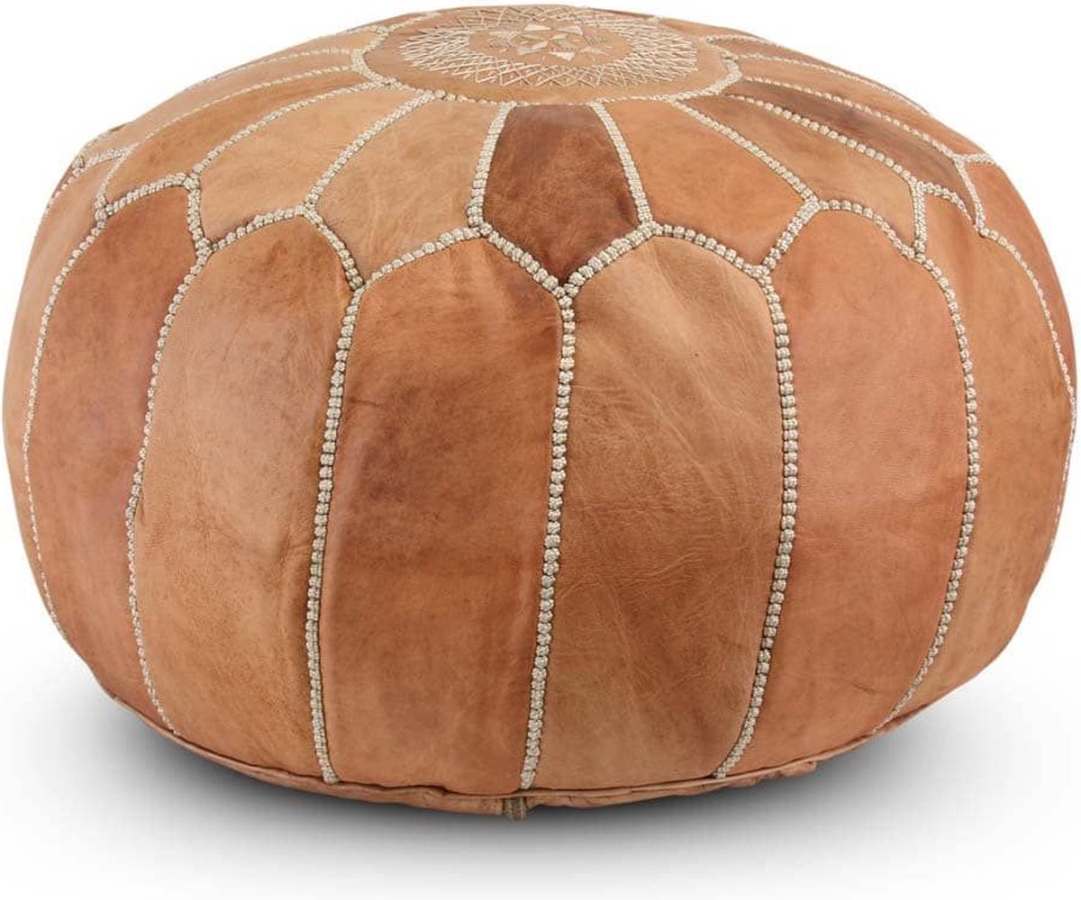 Marokkaanse Poef Leer Licht Natural Rond | incl. vulling | Kwalitatief ...