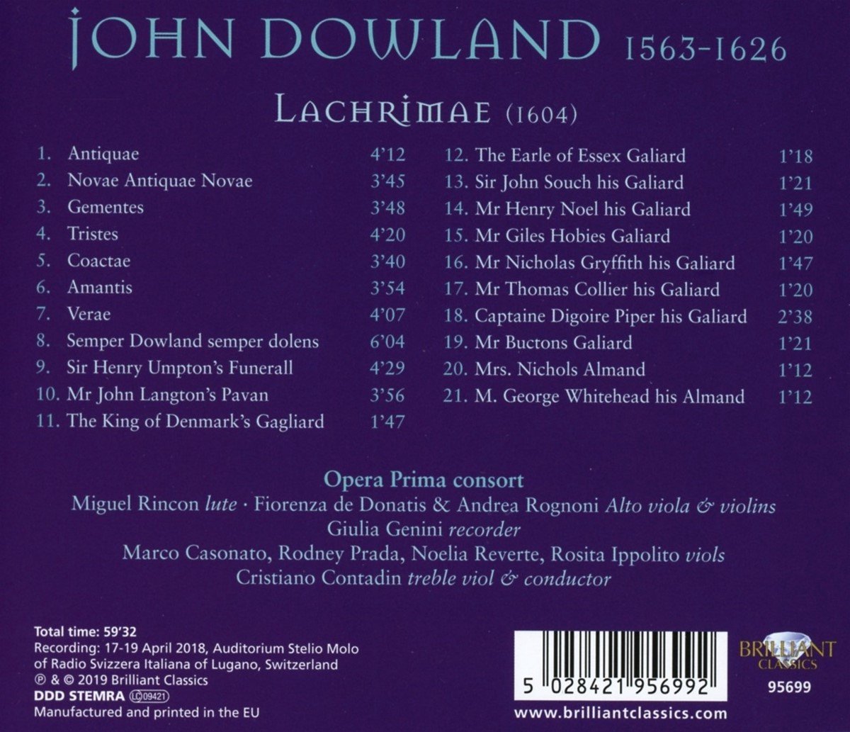 Opera Prima Ensemble & Cristiano Contadin - Dowland: Lachrimae (CD ...