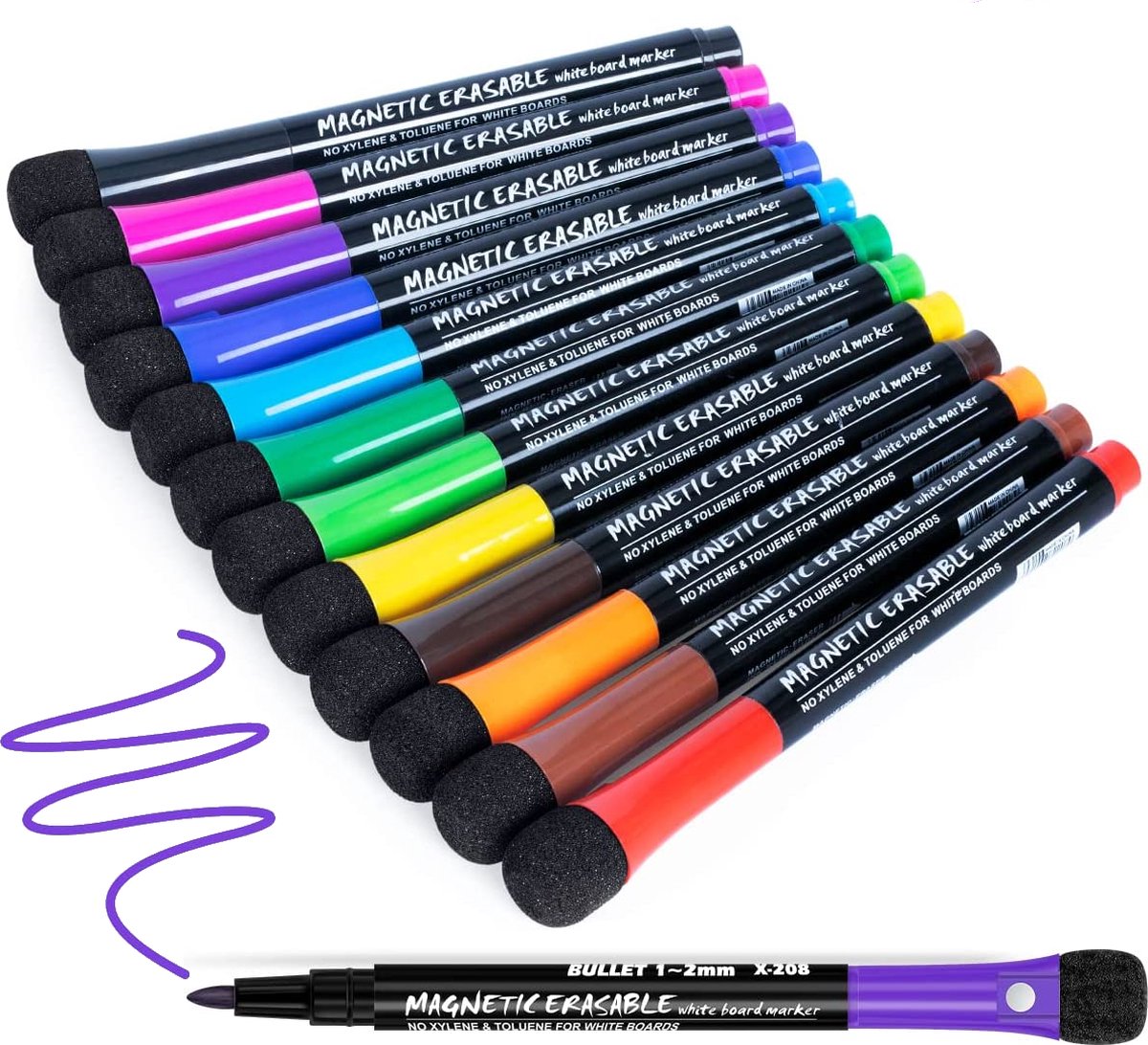 12 Magnetische whiteboard stiften kleur (met magneet / wisser in dop ...
