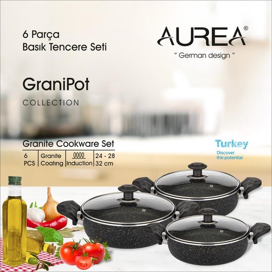 Aurea - Set van 3 braadpannen graniet coating - Met deksel - Zwart | bol Aurea - Set van 3 braadpannen graniet coating - Met deksel - Zwart | bol