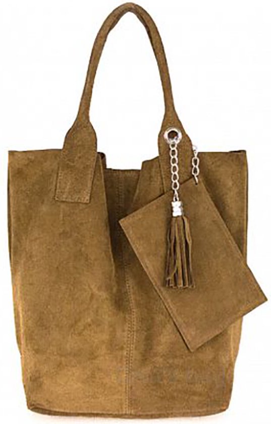 Leren suède tas, met kwastje en extra tasje, handige shopper COGNAC ...