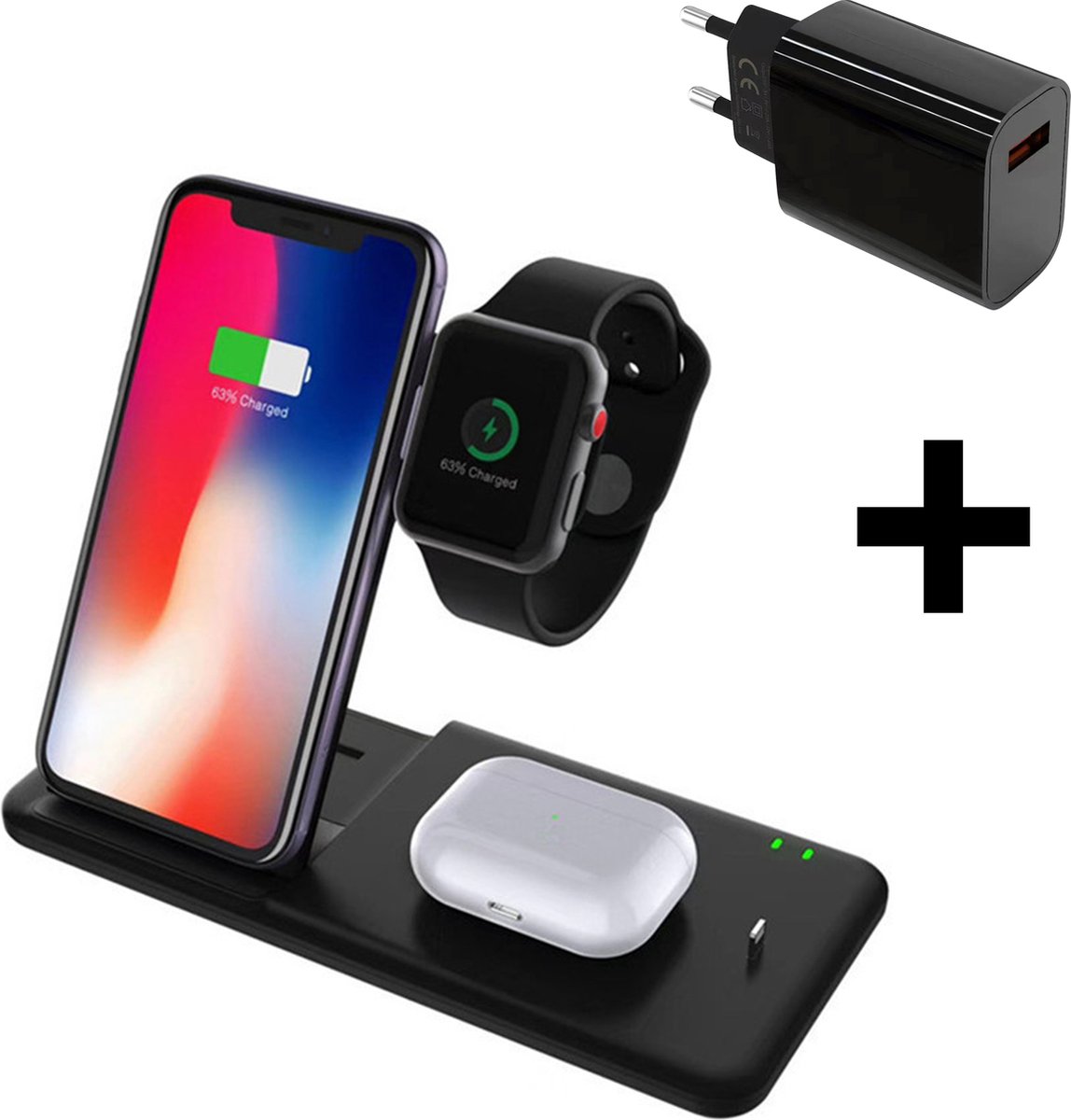 3 in 1 Draadloze Oplader + Fast Charge Adapter - Qi Draadloze Oplader ...