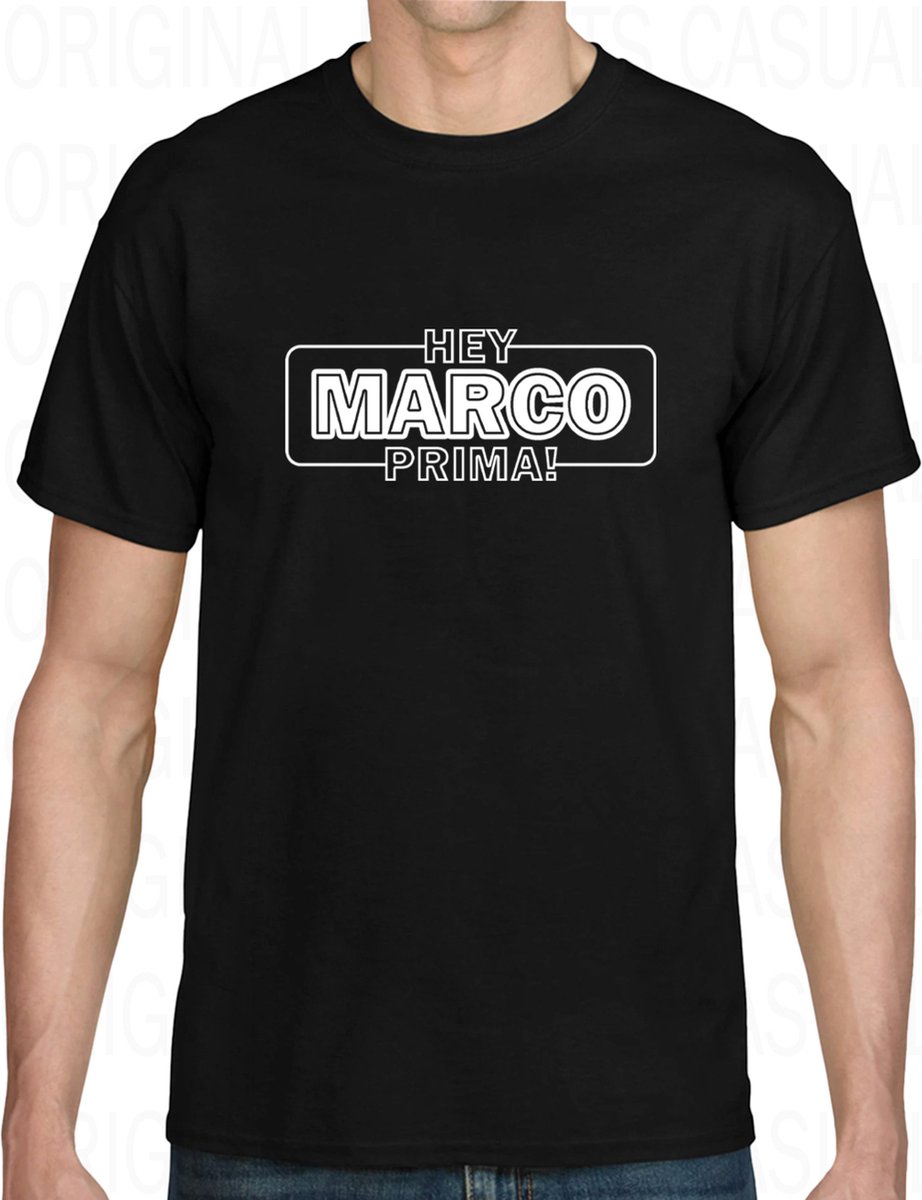 HEY MARCO PRIMA! Heren t-shirt – Maat XL - Zwart - Korte mouwen - Ronde ...