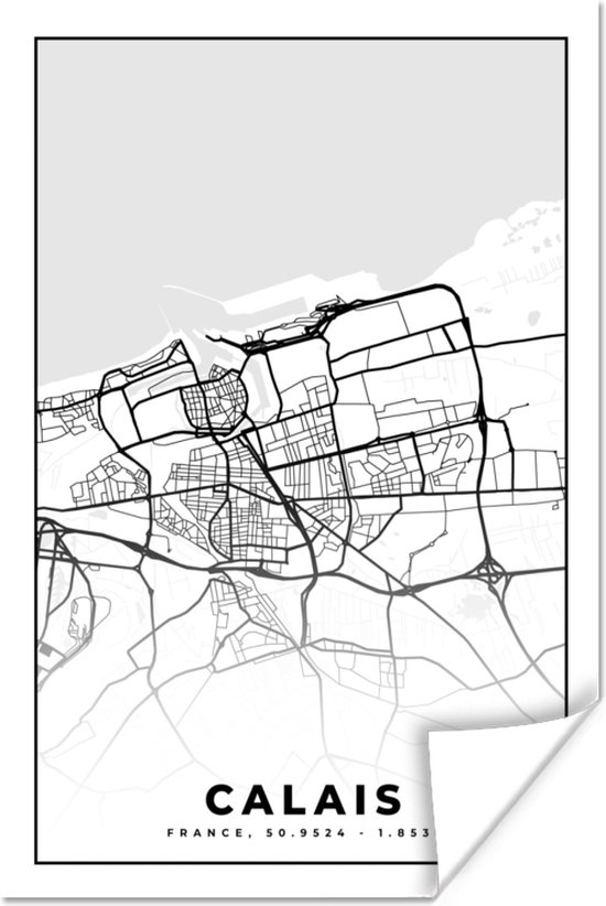 Poster Stadskaart - Frankrijk - Calais - Kaart - Plattegrond - Zwart ...