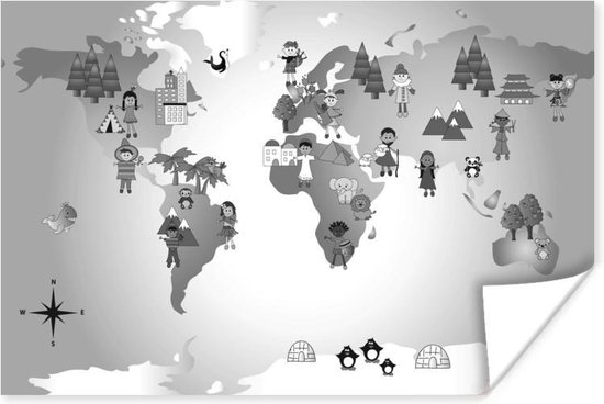 Carte du monde des enfants pour chambre d'enfant - noir et blanc ...