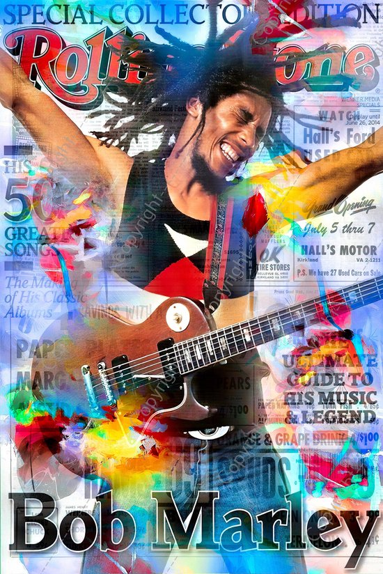 JJ-Art (Canvas) 60x40 | Bob Marley, zanger, abstract, woonkamer ...