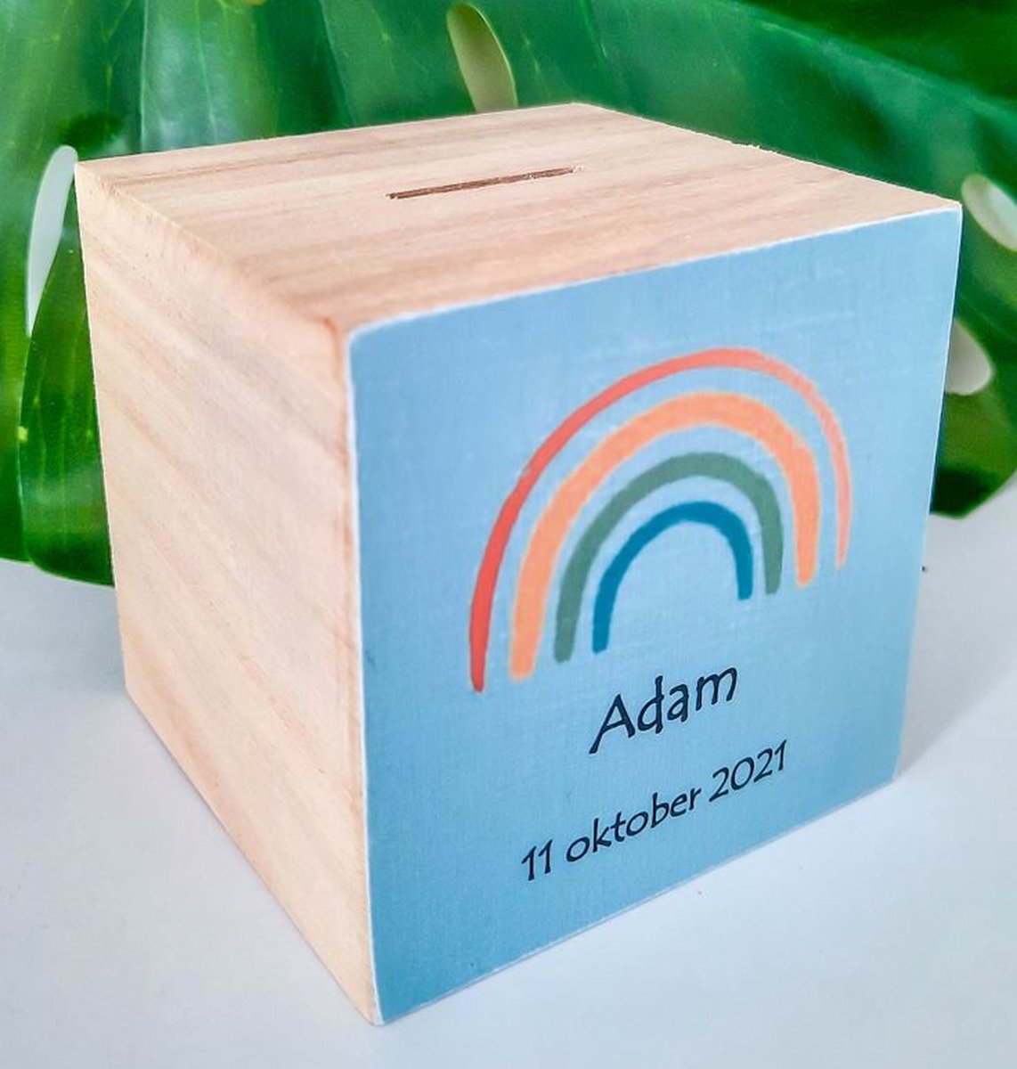 Houten spaarpot | Regenboog | Jongen | Baby | Blauw | Kraamcadeau ...