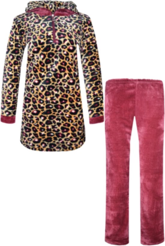 Dames fleece huispak met zakken en ritsje met capuchon XXL donkerrood ...