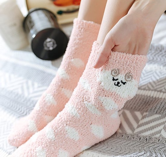 Fluffy Dames sokken - huissokken - roze - leuke print schaap - 36 -40 ...