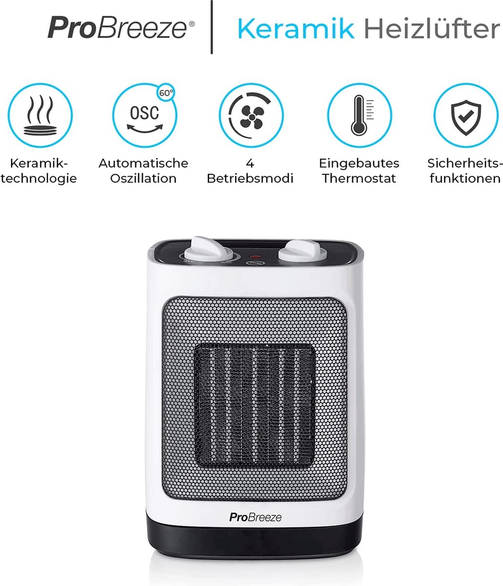 Pro Breeze Mini keramische ventilatorkachel met automatische oscillatie ...