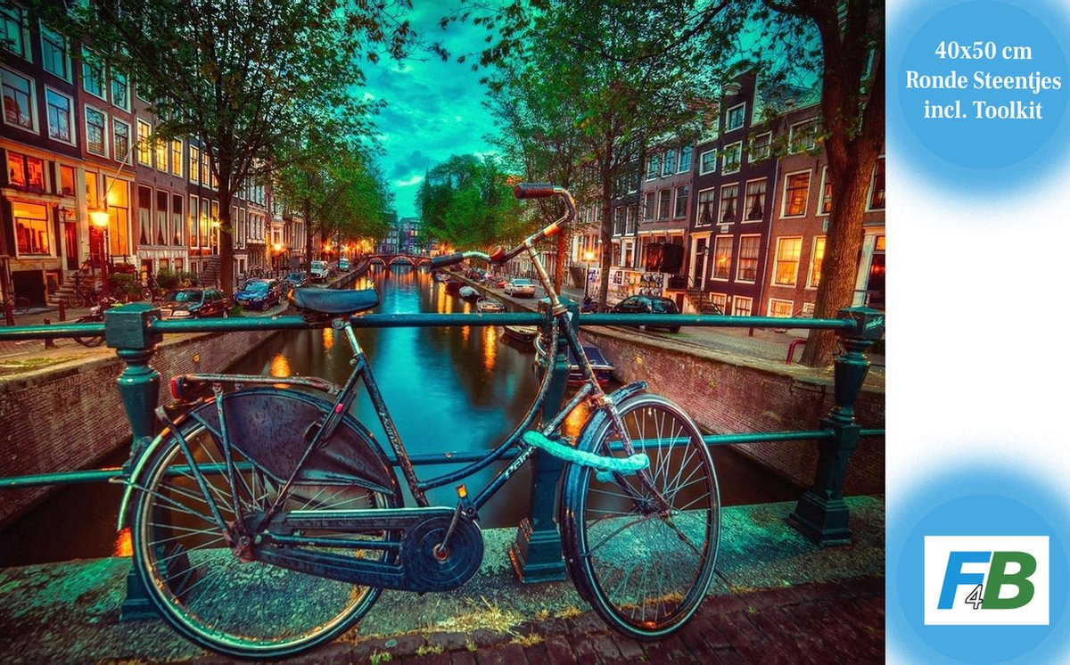 F4B Amsterdamse Gracht met Fiets Diamond Painting 40x50cm | Ronde ...
