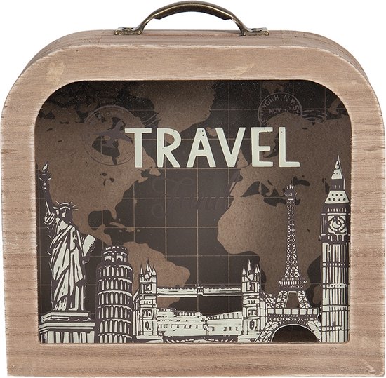 Clayre & Eef Spaarpot 18x7x16 cm Bruin Hout Glas Rechthoek Travel Leuke ...