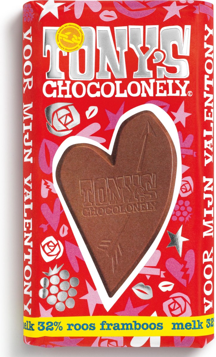 Tony's Chocolonely ValenTony's Melk Roos Framboos Chocolade Reep ...
