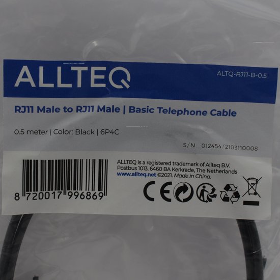 Telefoonkabel - RJ11 - 4-aderig - 0.5 meter - Zwart - Allteq | bol