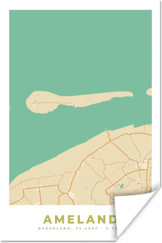 Poster Eiland - Ameland - Kaart - Plattegrond - Stadskaart - 20x30 cm | bol