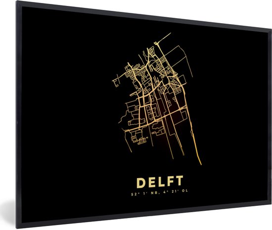 Fotolijst incl. Poster - Delft - Stadskaart - Nederland - Plattegrond ...