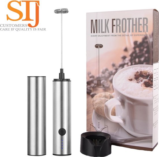 STJ™ - Melkopschuimer electrisch - USB oplaadbaar - 2 opzetstukken - 3 standen - RVS | bol