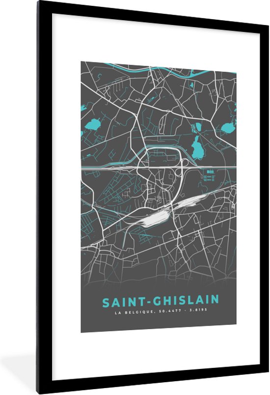 Fotolijst incl. Poster - Stadskaart – Grijs - Kaart – Saint Ghislain ...