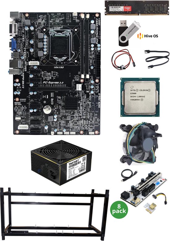 Complete Mining Rig - B85 ETH 8GPU Moederbord + 4GB RAM + CPU + Koeler ...