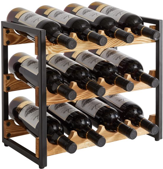 Industrieel wijnrek, stapelbaar flessenrek, met metalen frame, 3 lagen ...