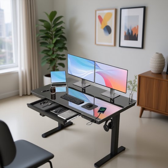Industrieel Elektrisch Bureau – Glazen Zit-Sta Bureau 120x60 cm ...