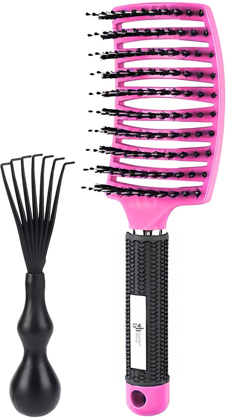 Guardian Beauty Curved Vent Haarborstel met Wildzwijnharen en Haarborstelreiniger (Roze) | bol