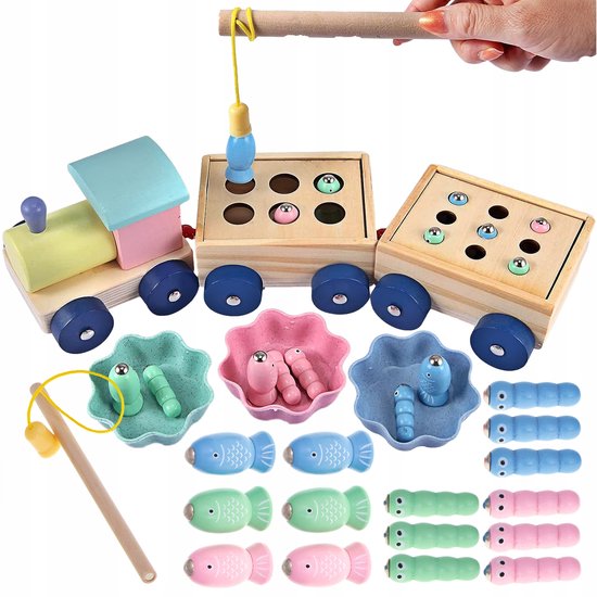 Houten Trein Montessori: Vissen, Kleuren Sorteren & Vangen van Wormpjes ...