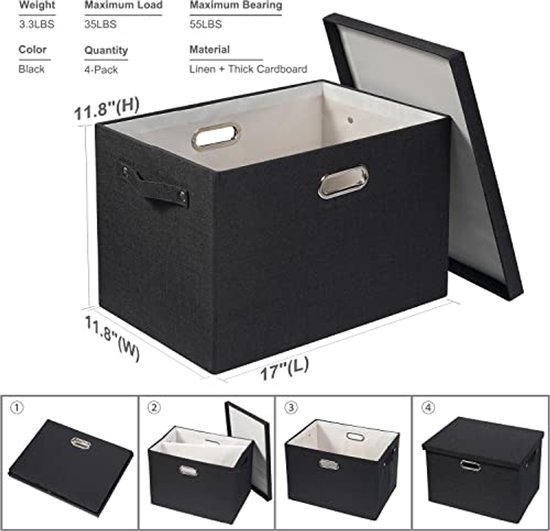 Grote opbergbakken met deksels, 4 x 39 l, opvouwbare opbergdozen voor ...