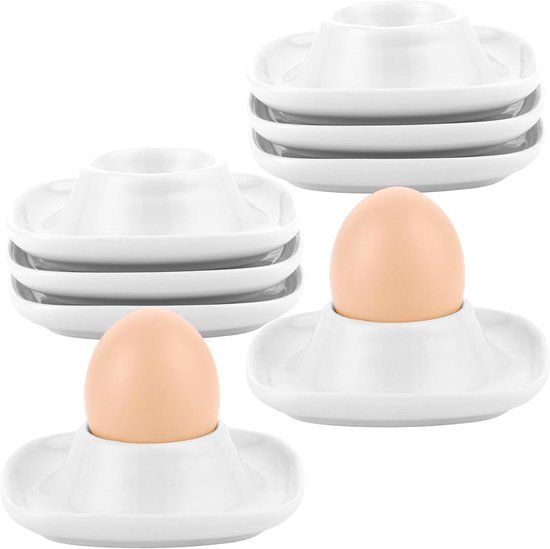 Set van 8 porseleinen eierdopjes 9,5 cm - wit en grappig design ...