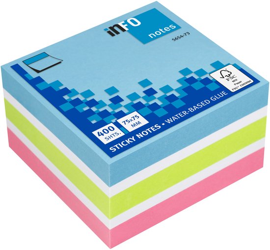 Info sticky notes - 400 vel - 75x75mm - wit, blauw, groen, roze - IN ...