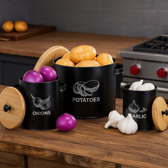 Voorraadpot met deksel - 3in1 Aardappel, Uien & Knoflookbak ...