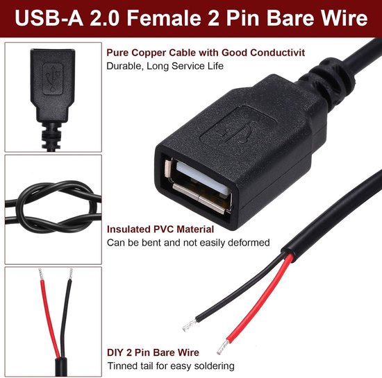 USB A kabel 1 meter met 2-pins connector voor DIY toetsenbord reparatie ...