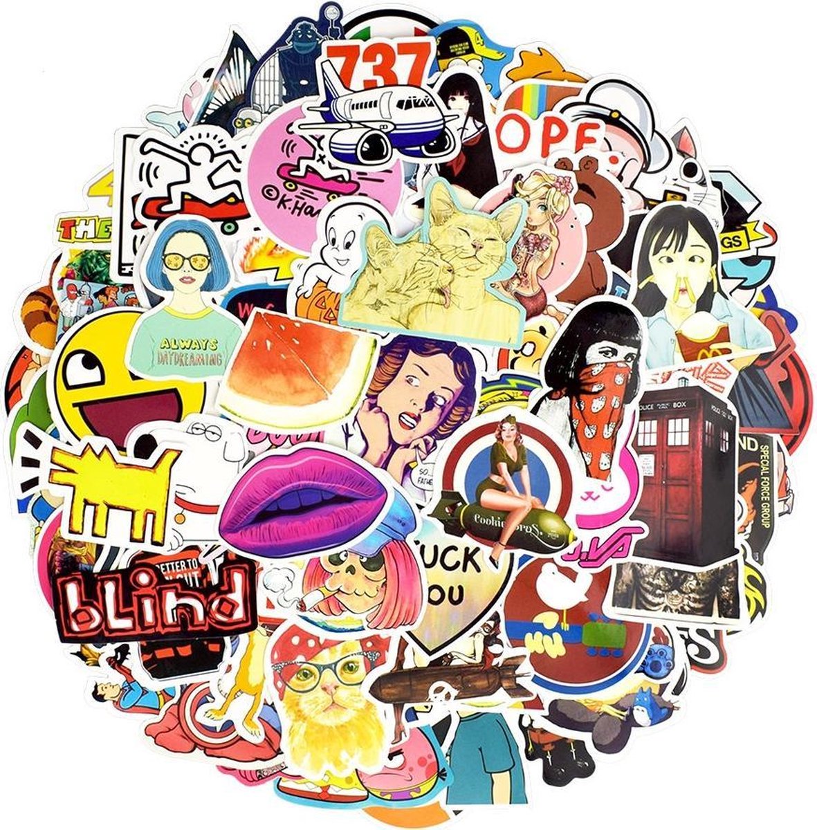 Sticker mix met 100 grappige plaatjes, bekende karakters en logo's ...