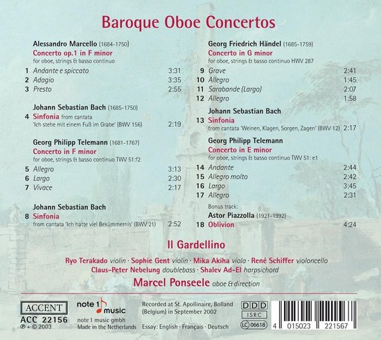 Il Gardellino & M. Ponseele - J.S. Bach: Baroque Oboe Concertos (CD ...
