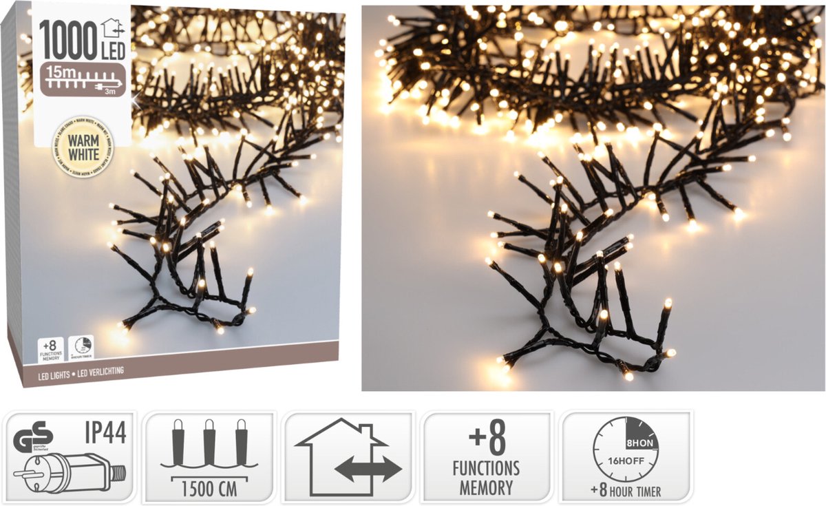 Maxi Cluster Kerstverlichting - 1000 led - 15m - warm wit - Timer - Lichtfuncties -... | bol