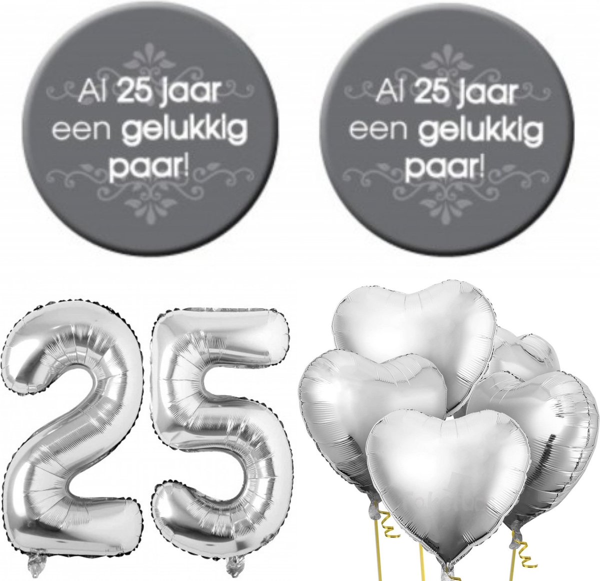 25-jarig jubileum set met buttons en folie ballonnen zilver - jubileum - zilver - 25 -... | bol