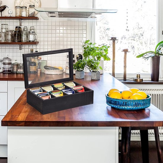 Thee doos groot - Massief hout - 8 vakken - Zwart - 32,5 x 20 x 9,7 cm ...