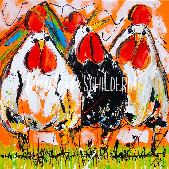 De haan en 2 kippen | Vrolijk Schilderij | 60x60cm | Dikte 2 cm ...