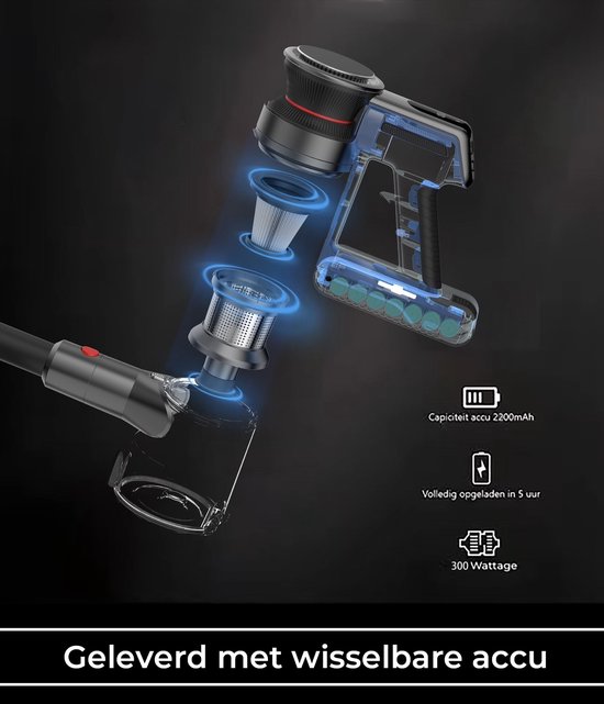 Zedar Steelstofzuiger S900 - Draadloos - 300W - HEPA 13 filter - 45 min ...