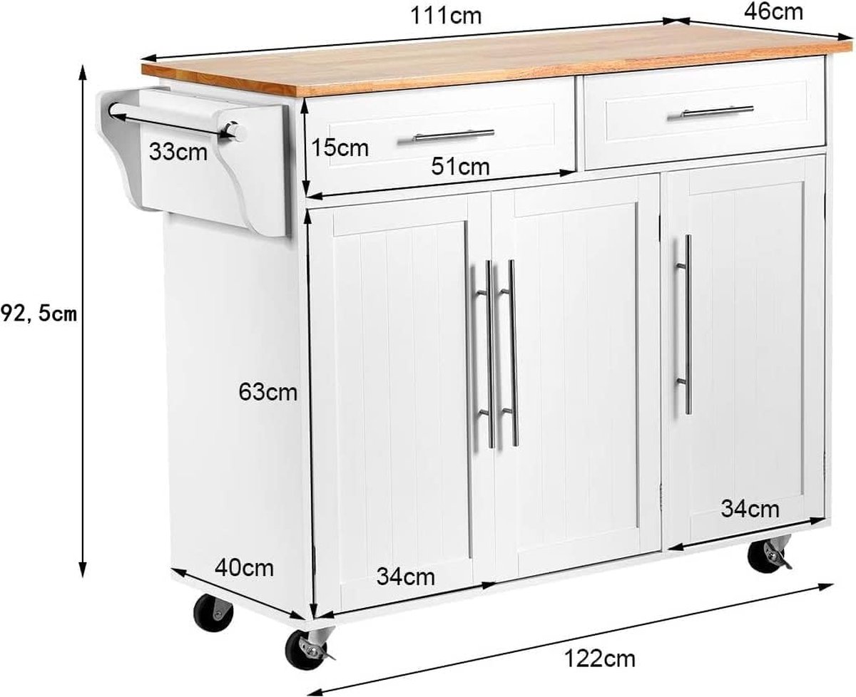 Keukentrolley op wieltjes, serveerwagen keuken, keukentrolley met laden ...