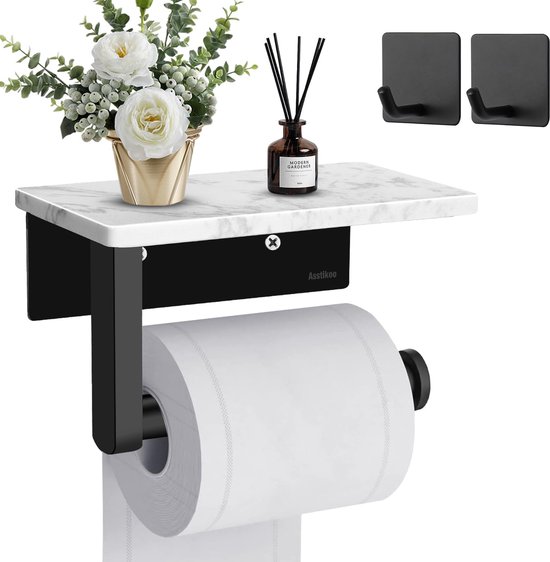 Toiletpapierhouder met marmeren plank, roestvrij staal, wc-rolhouder ...