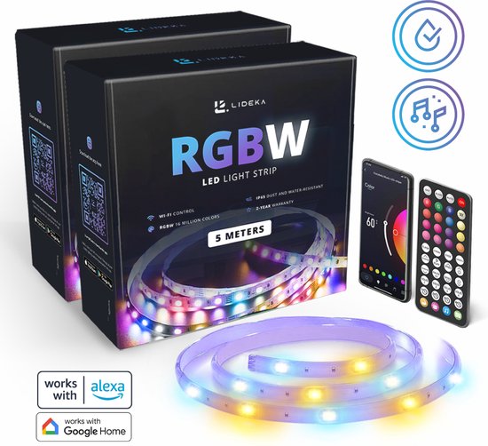 Lideka - LED Strip 10 (2 sets van 5m) Meter RGB + Wit - met Afstandsbediening - Gaming... | bol