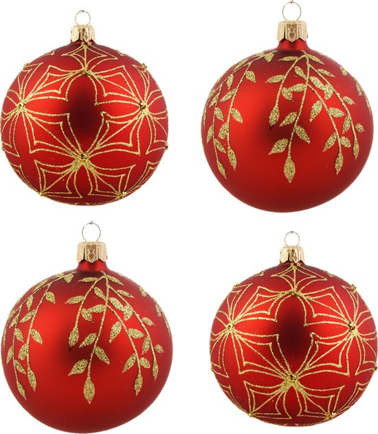 Chique, Rode, Matte Kerstballen met Gouden Glitter Patroon en Gouden ...