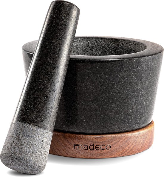 Vijzel met stamper graniet op houten sokkel walnoot 14,5 cm perfect ...